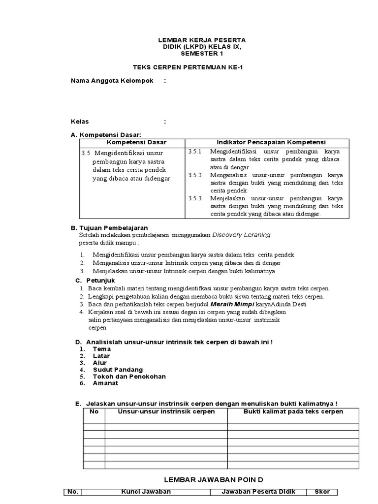 Lembar Kerja Peserta Didik (LKPD) Kelas Ix, Semester 1 Teks Cerpen Pertemuan Ke-1 | PDF