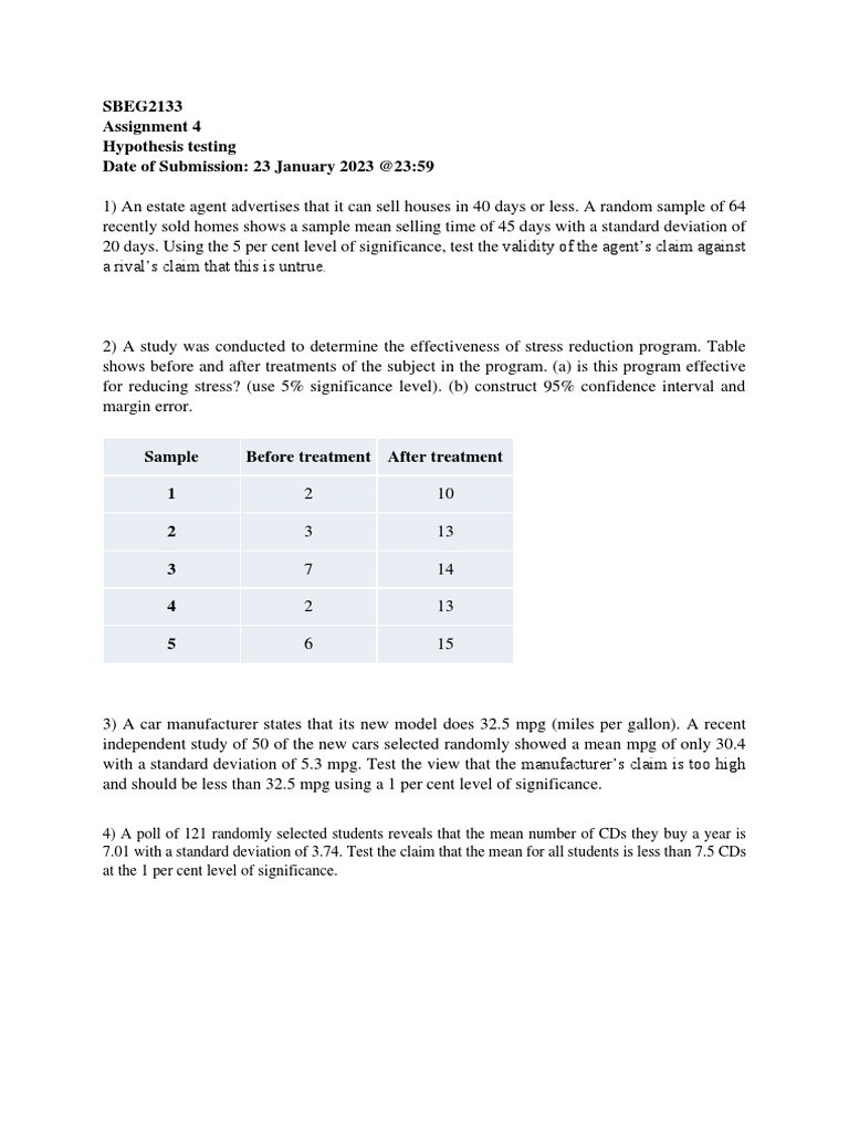 Assignment 4 Hypothesis Testing | PDF