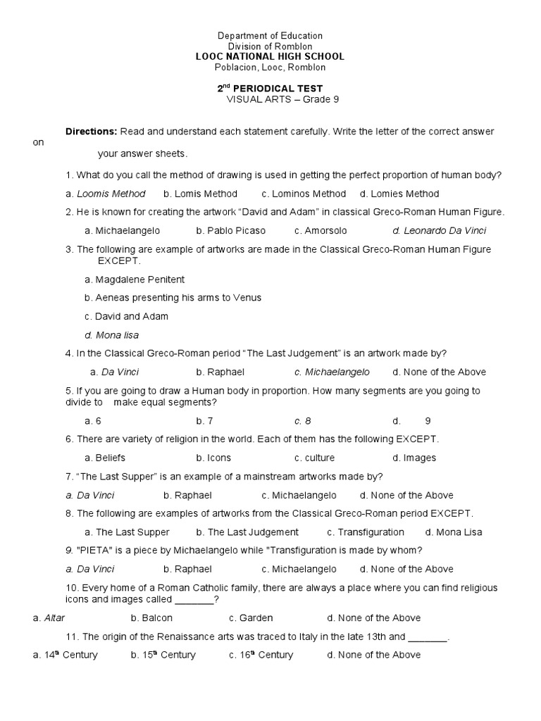 Grade 9 Visual Arts Test | PDF | Leonardo Da Vinci | Michelangelo