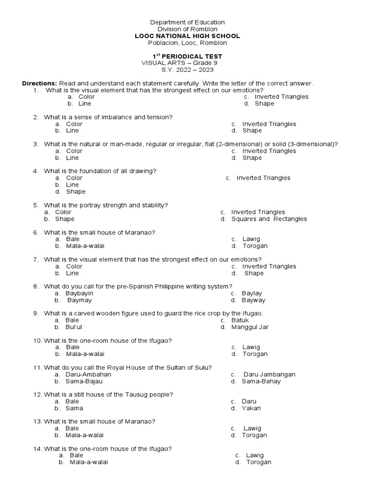 VISUAL ARTS - Periodical-Test-1st-Grade-9 | PDF | Philippines