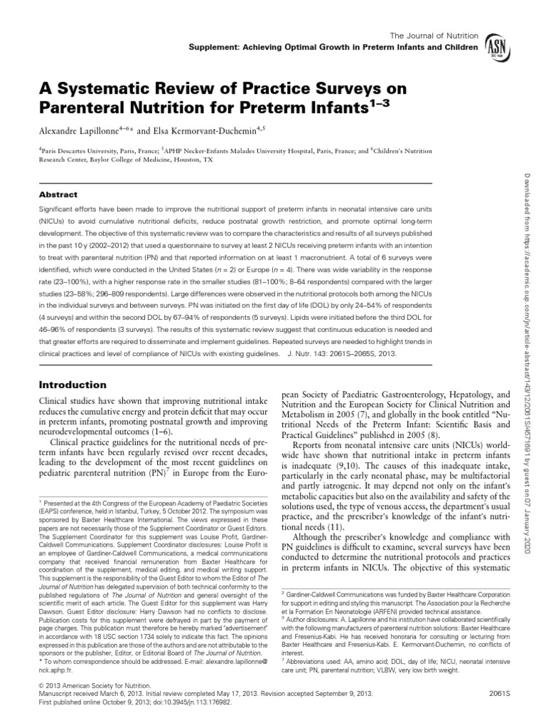 A Systematic Review of Practice Surveys On Parenteral Nutrition For ...