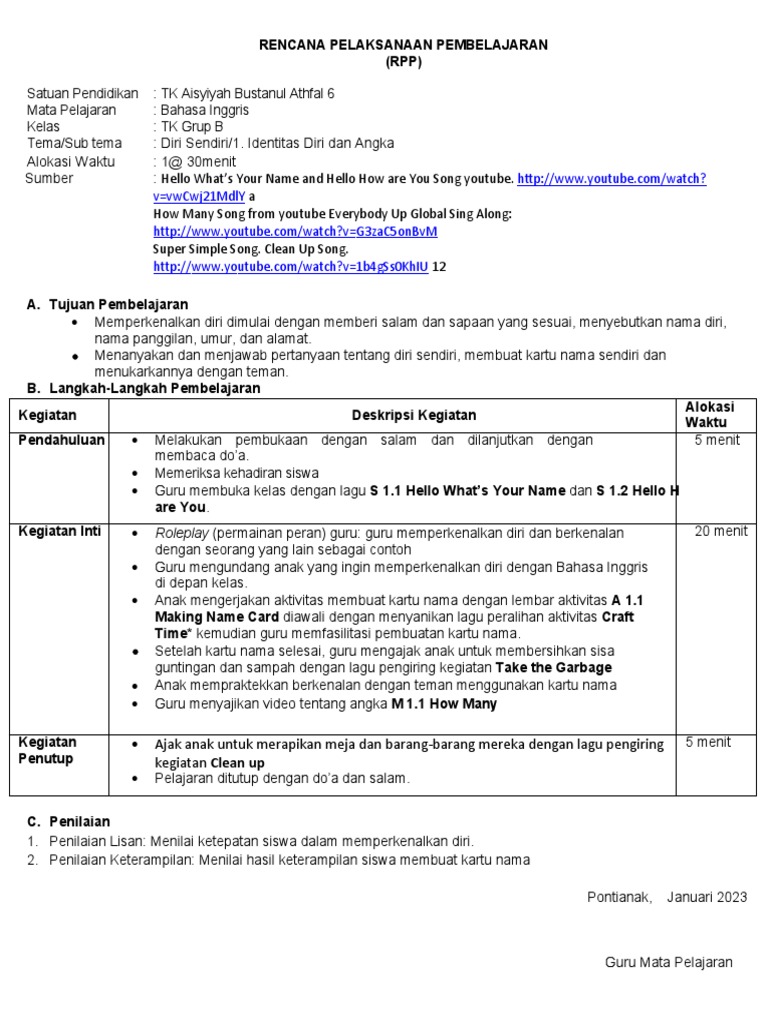 RPP 1 Lembar Bahasa Inggris TK - Fikri Ariandi (322010079) | PDF | Seni & Disiplin Bahasa