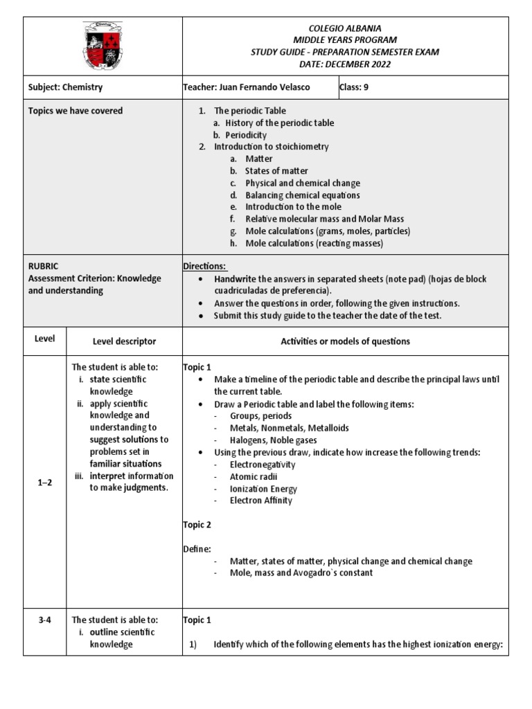 Chemistry 9 MYP Guide Midterms 2022 | PDF | Periodic Table | Mole (Unit)