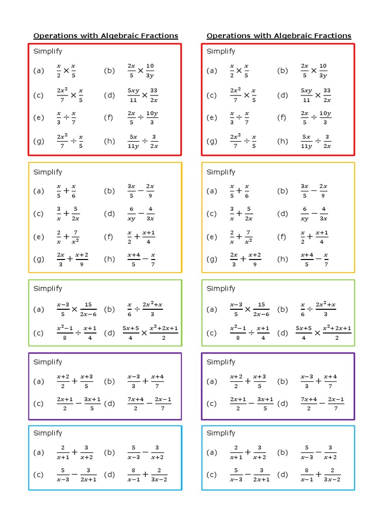 Mixed Operations With Algebraic Fractions Practice Strips | PDF
