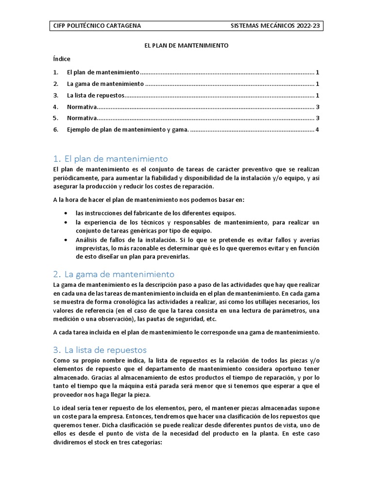 Tema 11 - El Plan de Mantenimiento | PDF