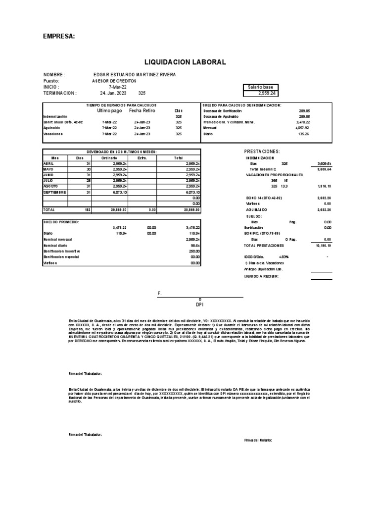 Formato Liquidacion Laboral | PDF | Compensación laboral | Business