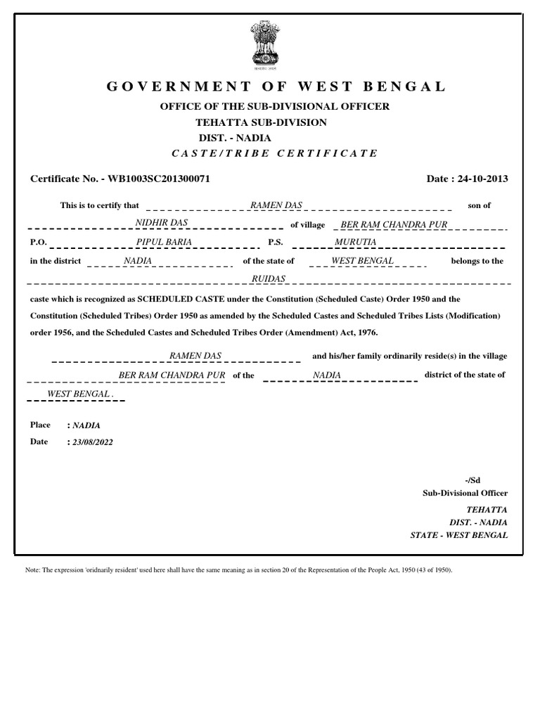Cast Certificate WB1003SC201300071 | PDF | Public Law | Government