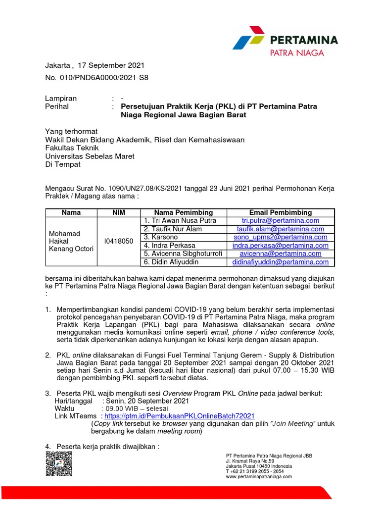 Surat Persetujuan PKL An. Mohamad Haikal Kenang O | PDF