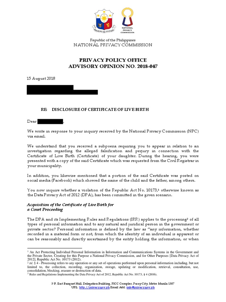 AONo - 2018-047 DISCLOSURE OF CERTIFICATE OF LIVE BIRTH | PDF ...
