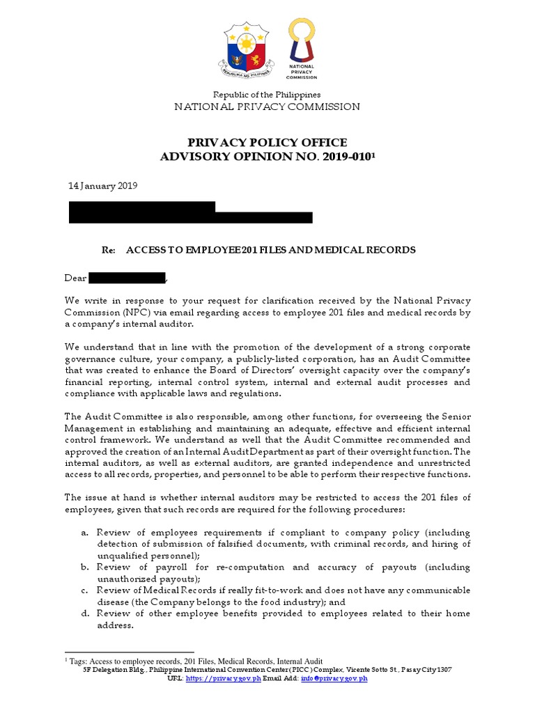 Advisory Opinion No. 2019-010 - Access To Employee 201 Files and ...