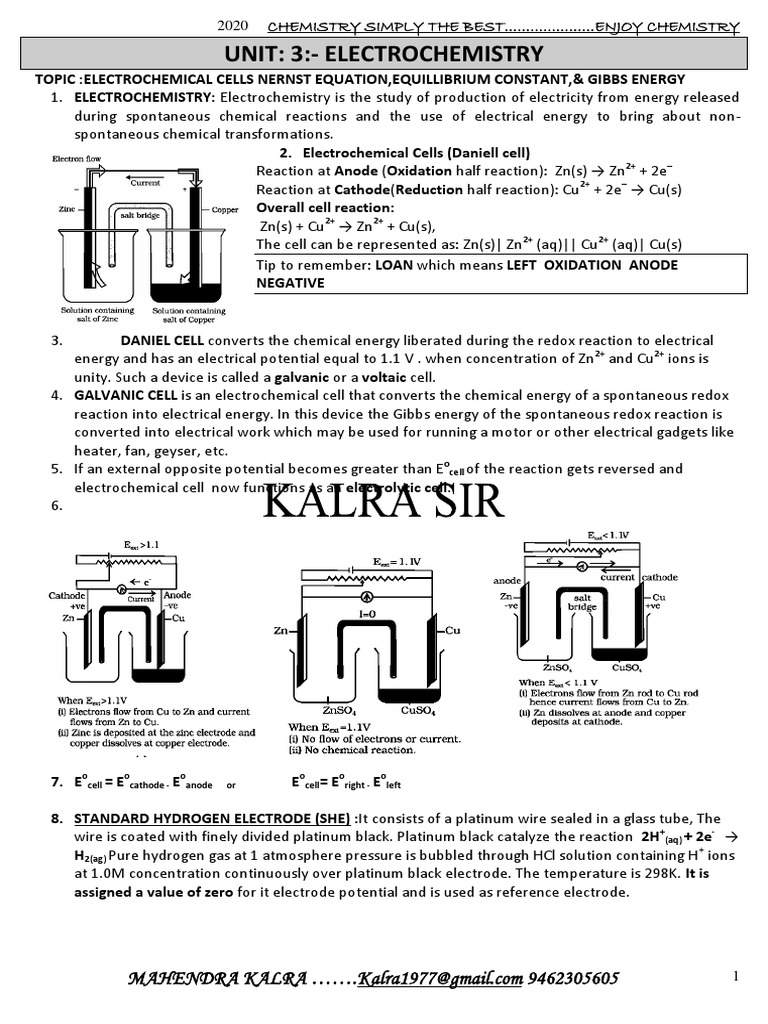 Electrochemistry, Kalra Sir's Notes | PDF