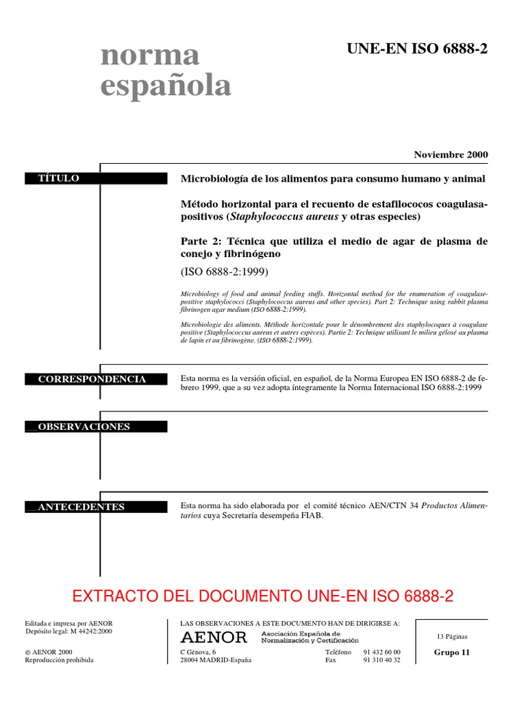 (Ex) Une-En Iso 6888-2 2000 | PDF | Staphylococcus Aureus | Especialidades Medicas