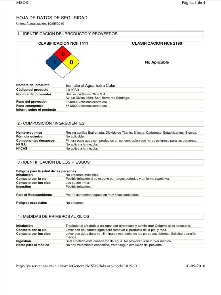 Hoja Seguridad Pintura Sherwin Williams | PDF | Agua | Descomposición