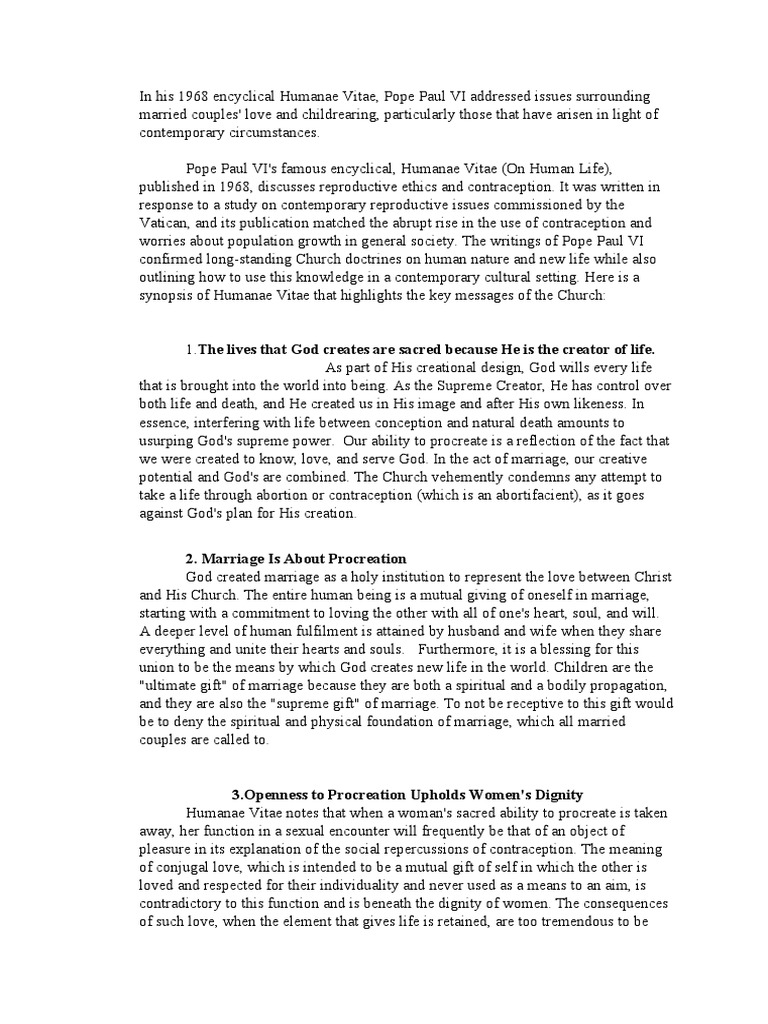 In His 1968 Encyclical Humanae Vitae | PDF | Catholic Church | Marriage