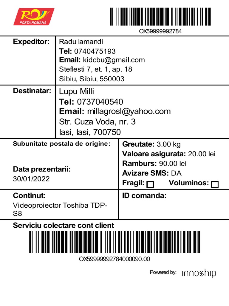 Shipping Details for Toshiba Projector | PDF