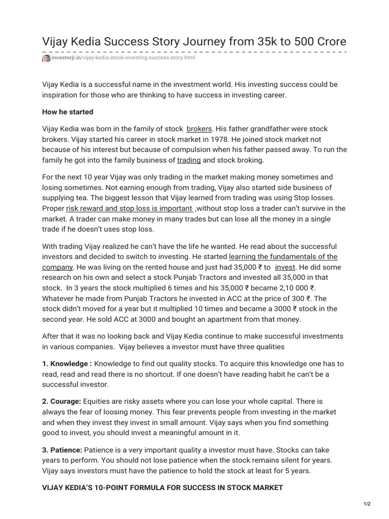 Vijay Kedia's Journey: From 35K to 500 Crore | PDF | Stocks | Investing