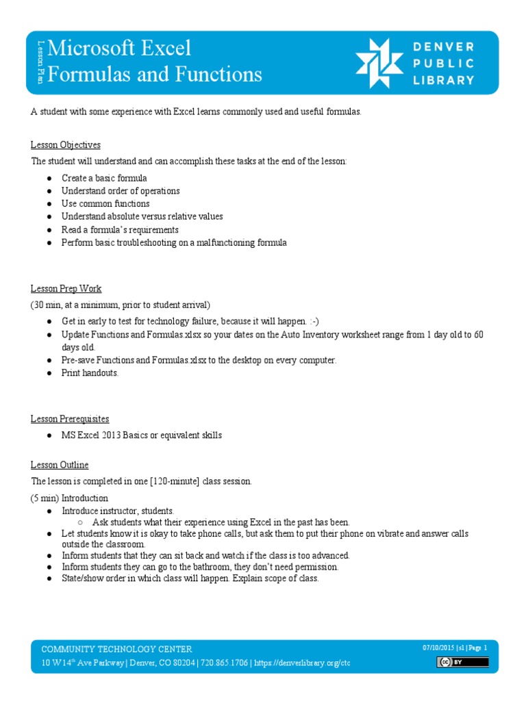 Microsoft Excel - Formulas and Functions Lesson Plan | PDF | Microsoft Excel | Worksheet