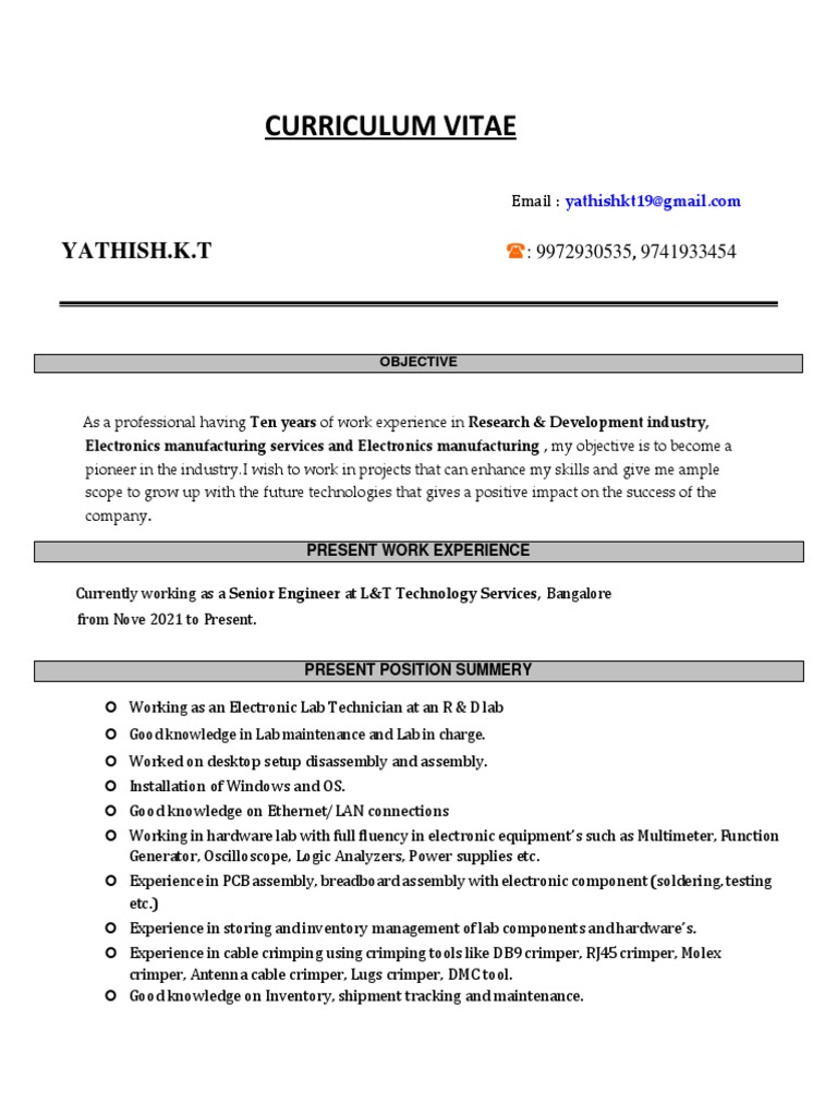 Yathish K T Senior Engineer CV | PDF | Electronics | Electrostatic ...