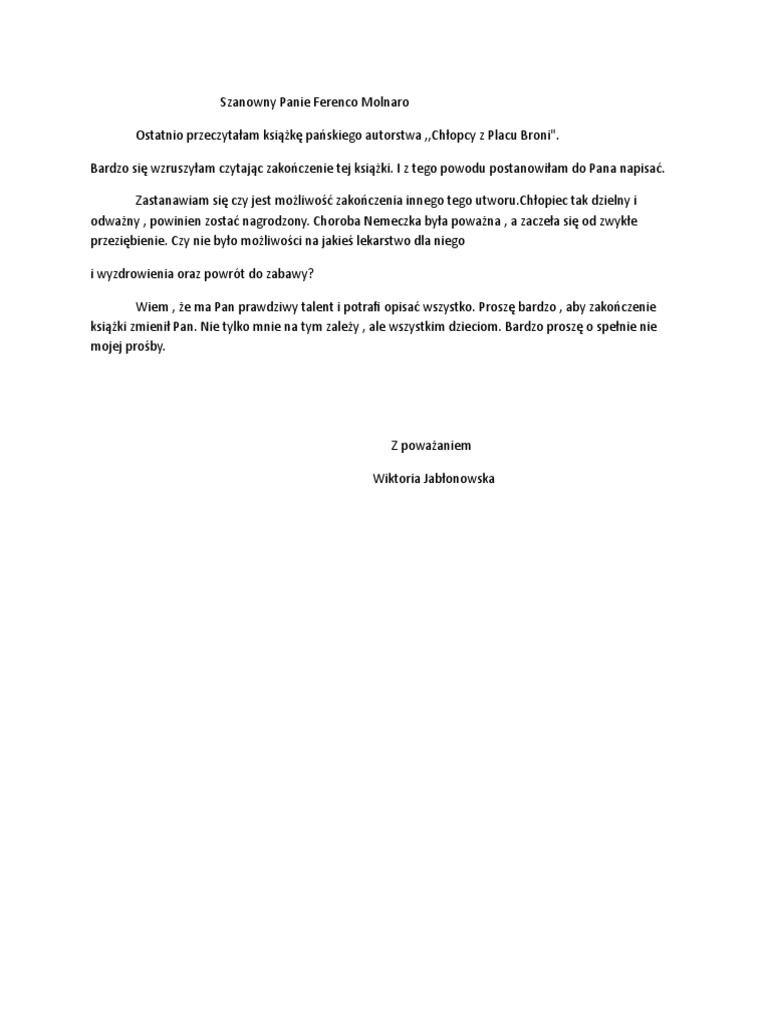 Polski List Do Ferenca Molnara ,,chłopcy Z Placu Broni | PDF