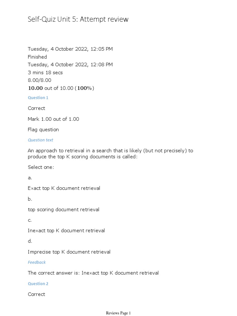 Self-Quiz Unit 5 Attempt Review | PDF | Information Retrieval | Applied Mathematics