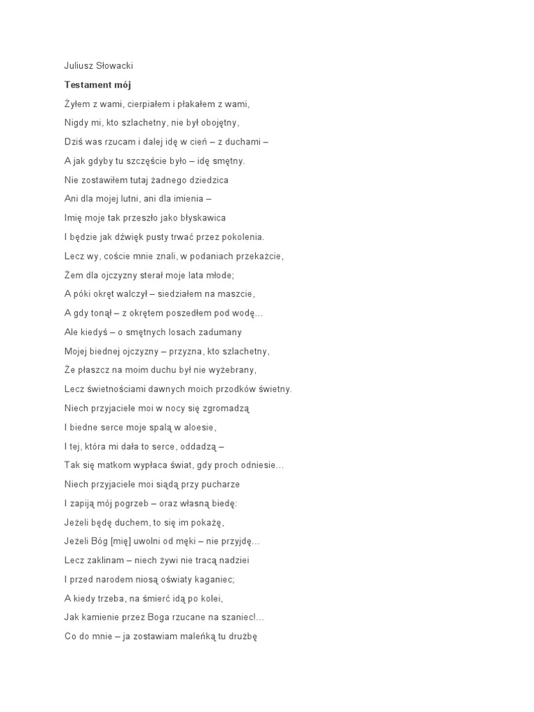 Juliusz Słowacki - Testament Mój | PDF