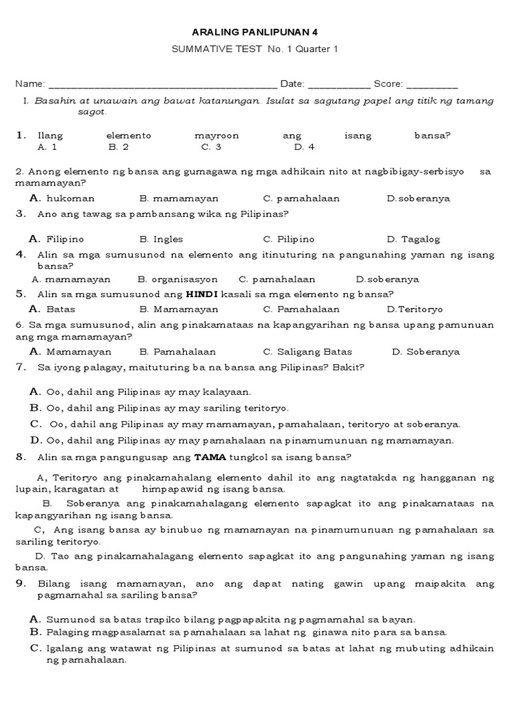 Grade 4 Summative Test in AP Modules 1-3 | PDF