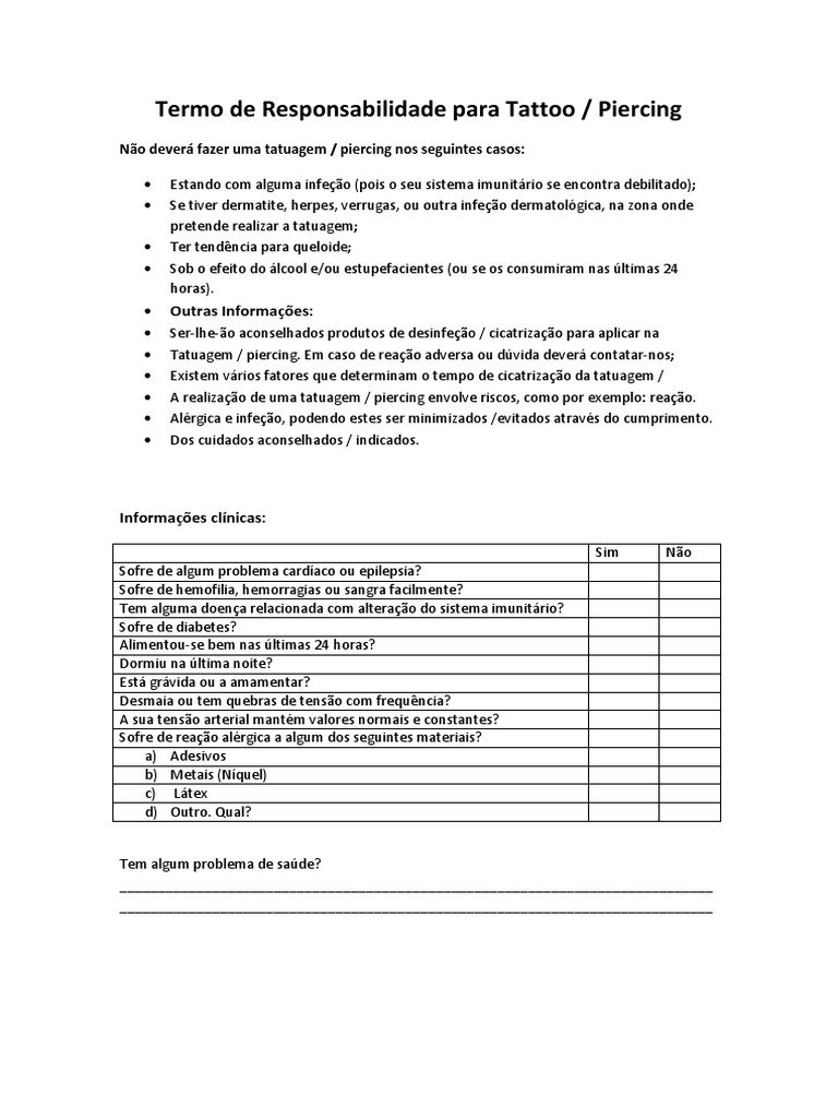 Termos e condições para tatuagens e piercings: riscos, cuidados e ...
