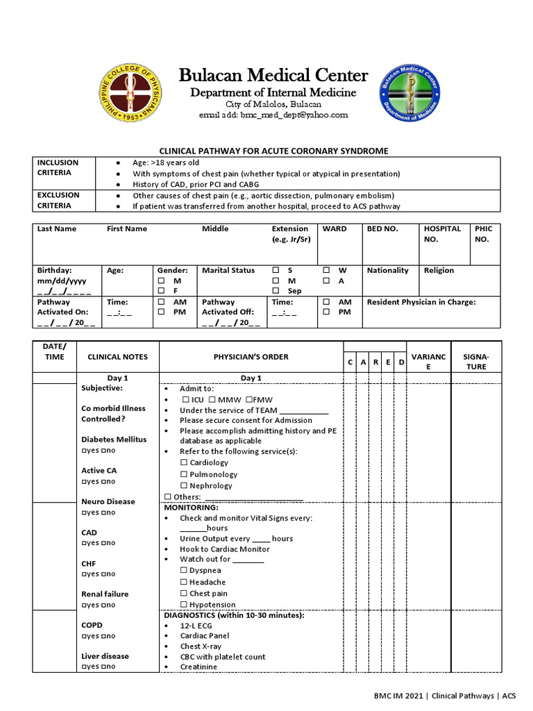 Clinical Pathway for the Management of Acute Coronary Syndrome at Bulacan Medical Center | PDF ...