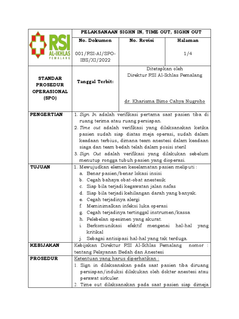 Prosedur Sign In, Time Out, Sign Out Operasi | PDF