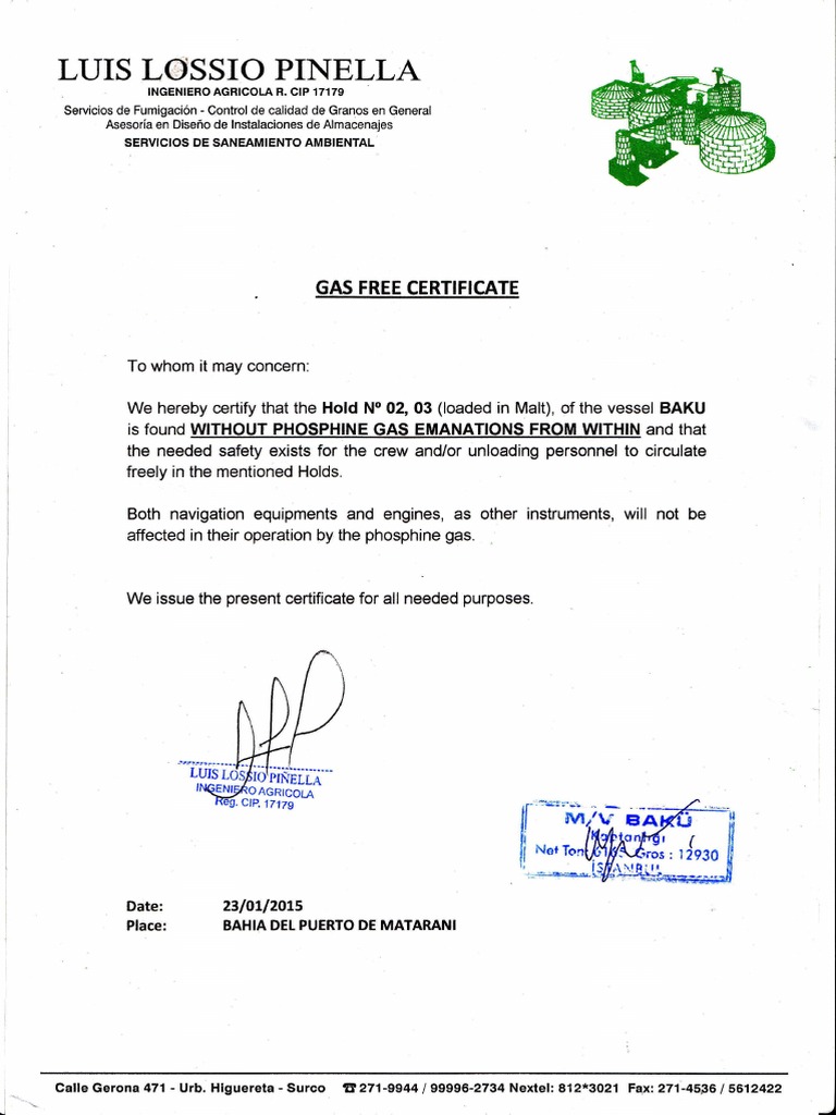 Gas Free Certificate | PDF