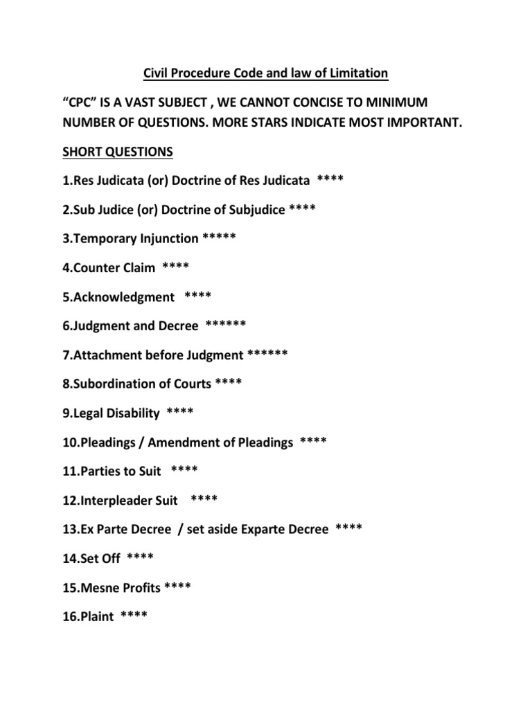 CPC - Important Questions | PDF | Lawsuit | Judgment (Law)