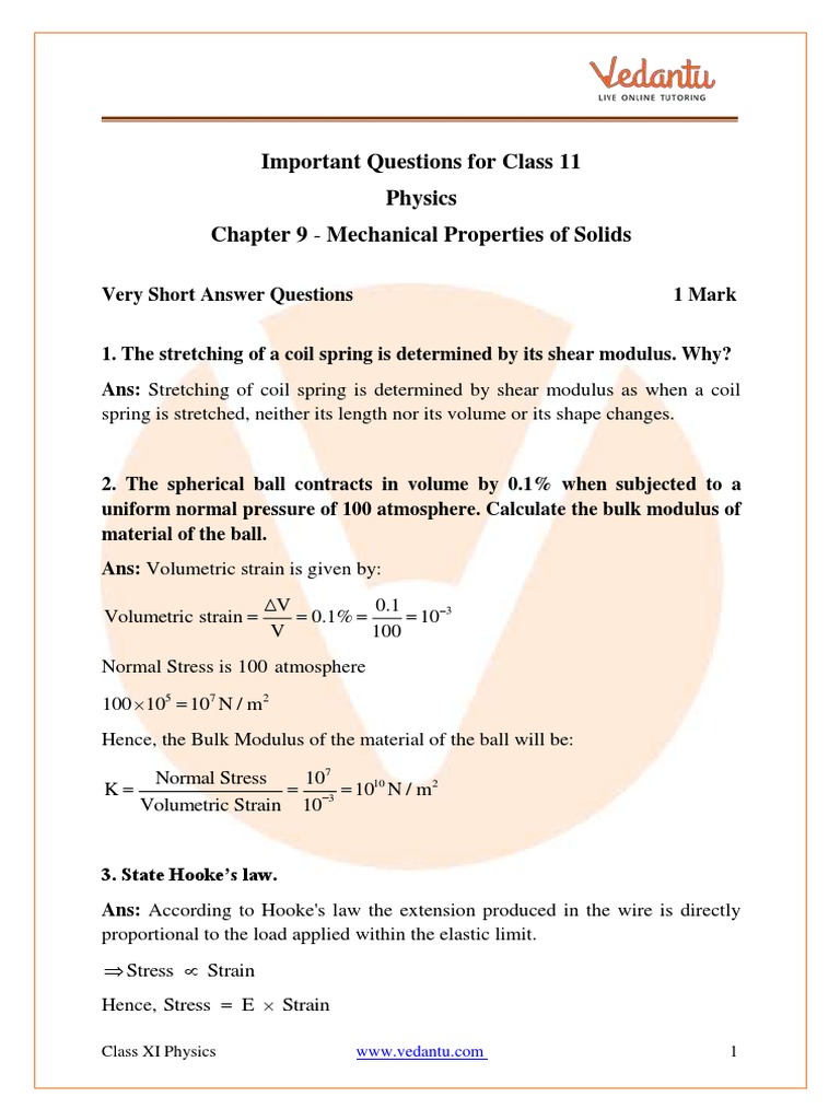 CBSE Class 11 Physics Chapter 9 - Mechanical Properties of Solids Important Questions 2022-23 ...