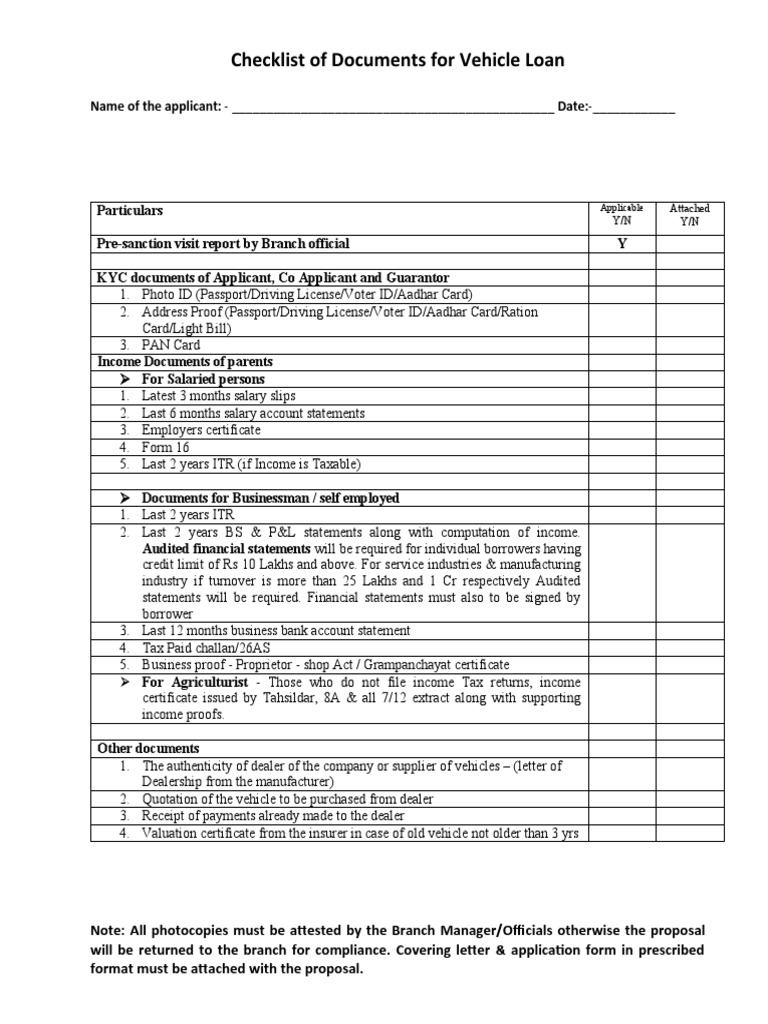 Checklist Vehicle Loan | PDF