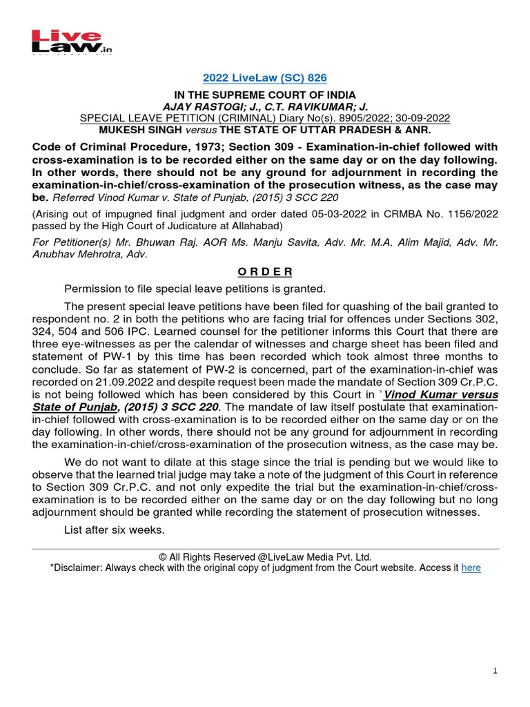 826 Mukesh Singh V State of Uttar Pradesh 30 Sep 2022 438137 | PDF | Separation Of Powers | Justice