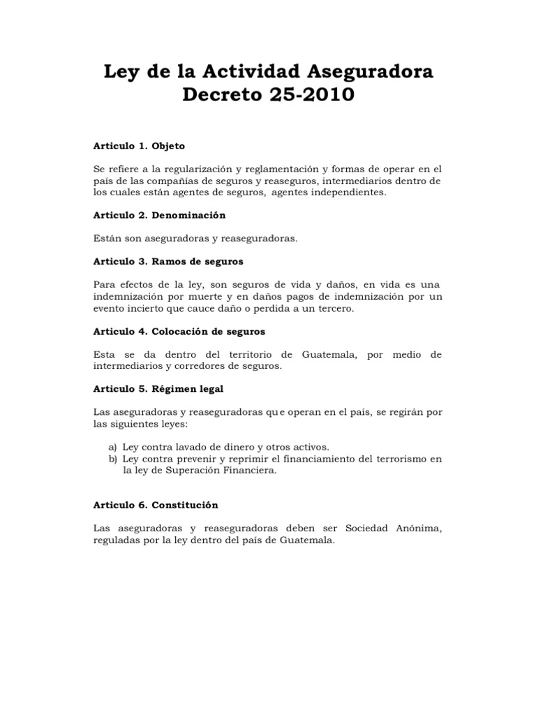 Ley de La Actividad Aseguradora Decreto 25-2010-1 | PDF | Seguro | Bancos