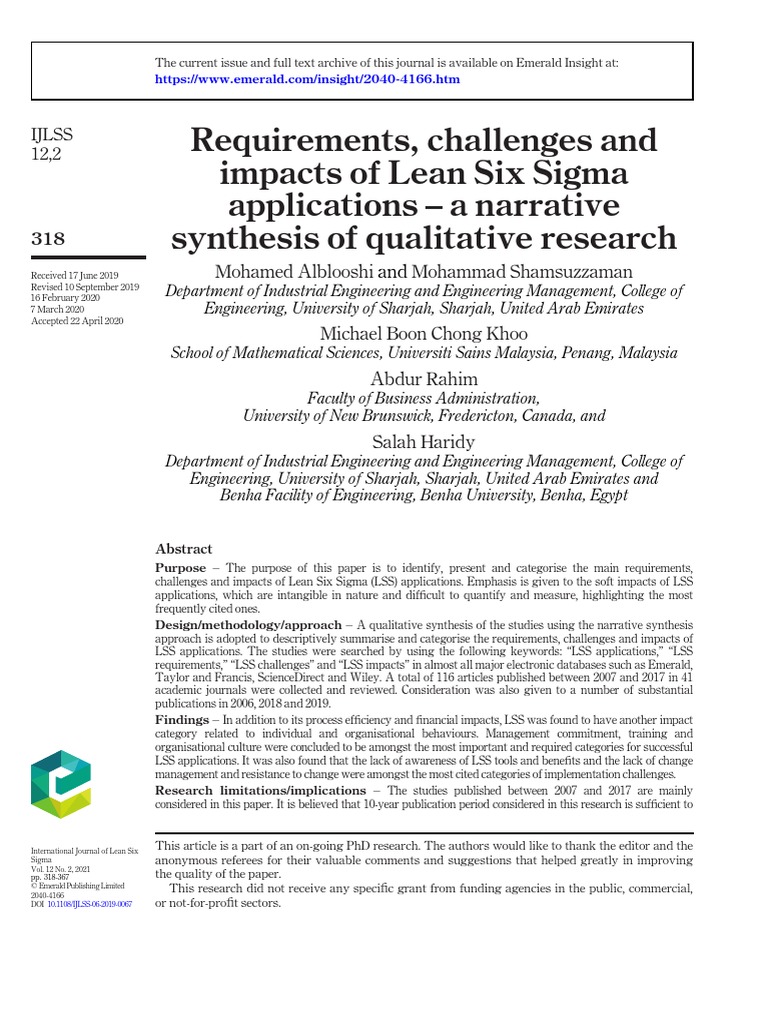 Requirements, Challenges and Impacts of Lean Six Sigma Applications - A Narrative Synthesis of ...