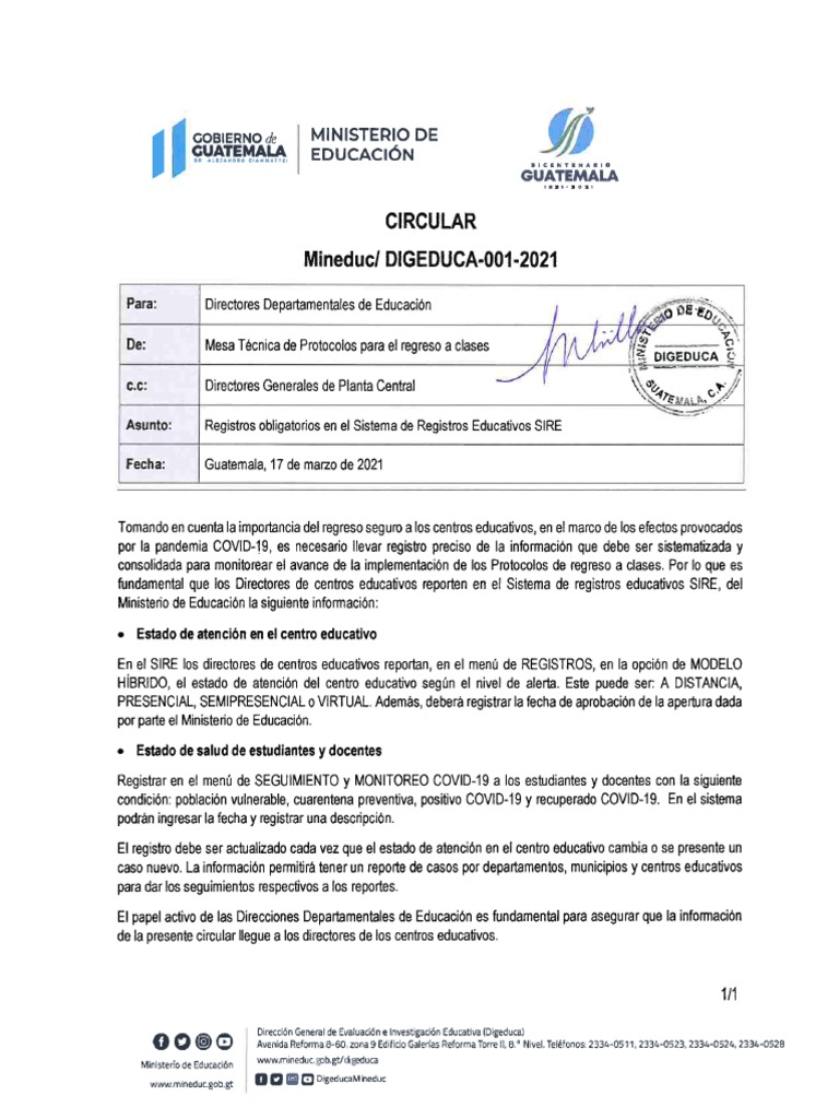 CIRCULAR MINEDUC-DIGEDUCA-001-2021 Registros Obligatorios en El SIRE | PDF