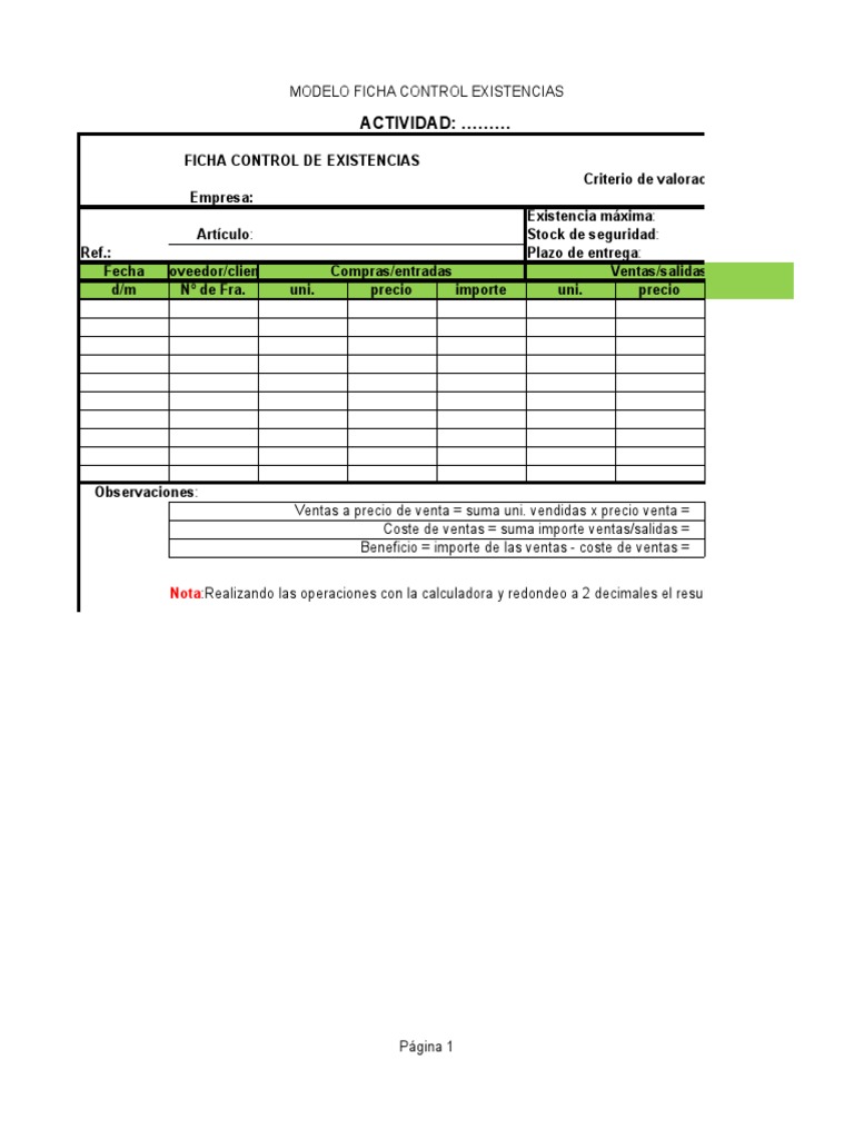 Ficha Control Existencias | PDF