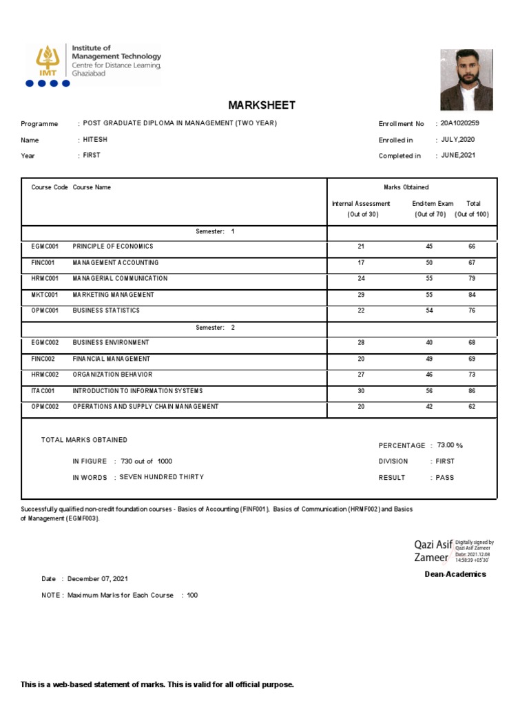 Marksheet: Qazi Asif Zameer | Download Free PDF | Accounting | Business