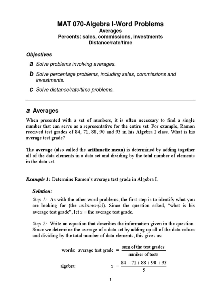 MAT 070 Word Probs-Averages | Download Free PDF | Equations | Algebra