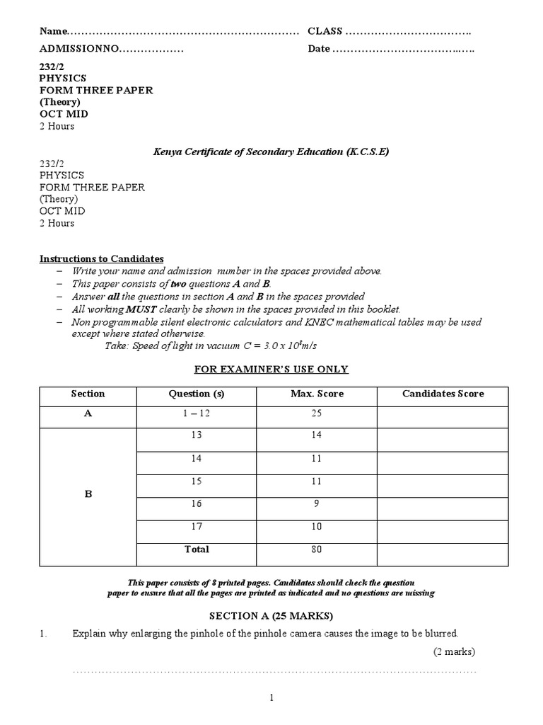 2013 Mid Term Exam Term 3 Phy F0RM3 Mid2013 | PDF | Capacitor | Waves