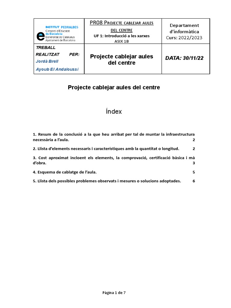 Projecte Cablejar Aules Del Centre | PDF