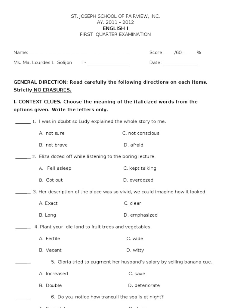 ENGLISH I TEST PAPER-1st 2 | PDF | Eagle | Goat