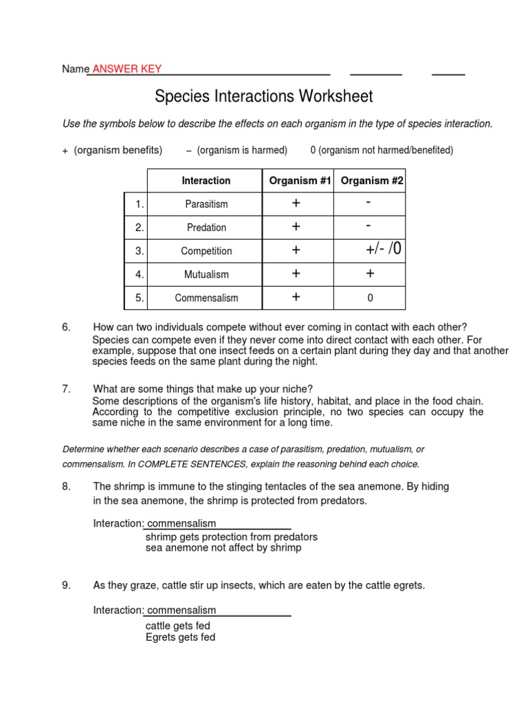 Species - Interaction - Worksheet Answers | PDF | Parasitism | Predation