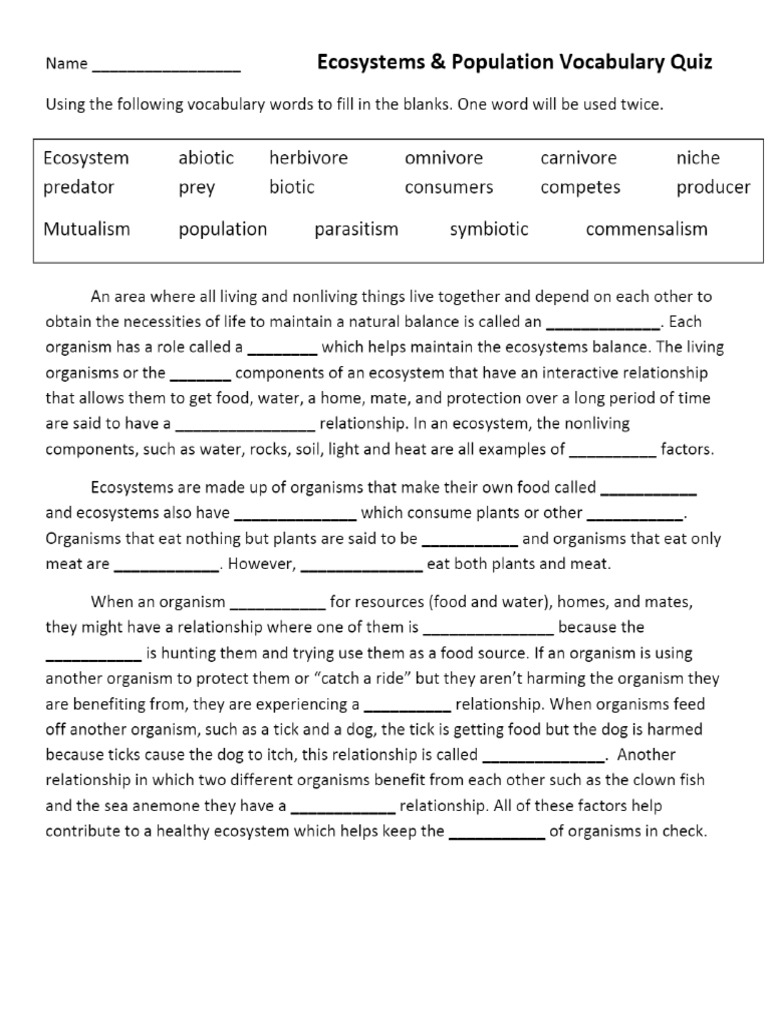 Ecosystems & Population Vocabulary Quiz | PDF