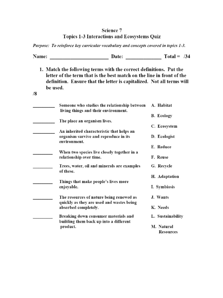 Topics 1-3 Interactions and Ecosystems Quiz | PDF