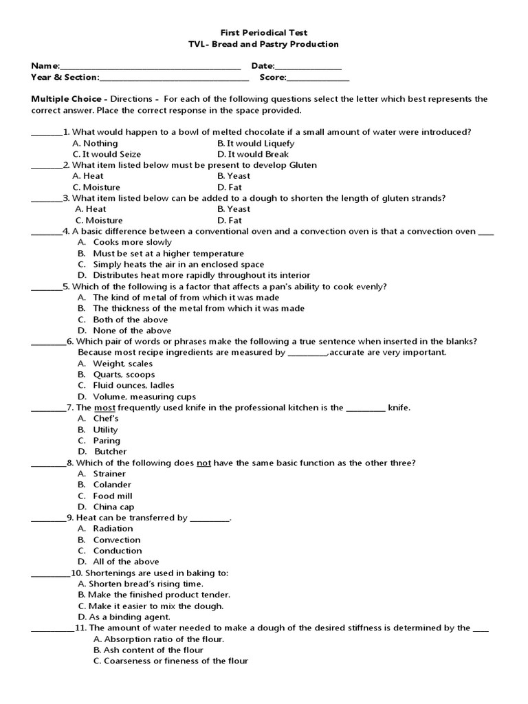 TVL Bread and Pastry Test Questions | PDF | Breads | Dough