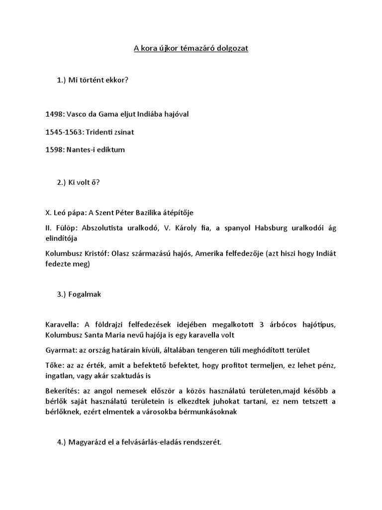 A Kora Újkor Témazáró Dolgozat | PDF