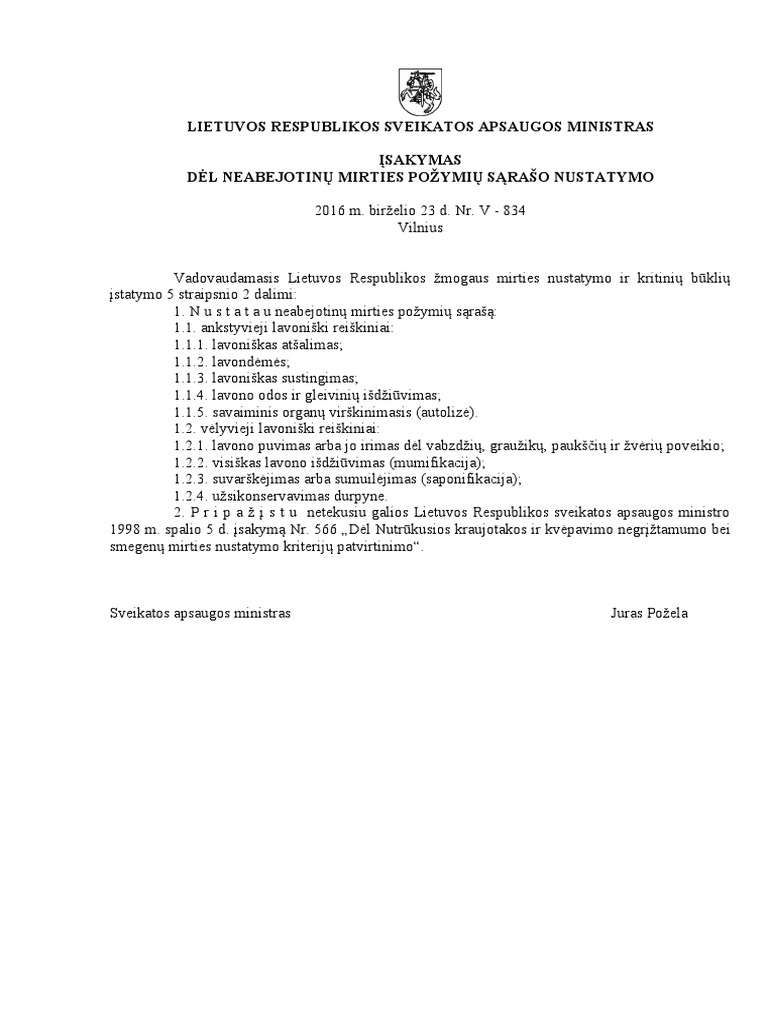 SAM V 834+Isakymas+Dėl+Neabejotinu+Mirties+Pozymiu+Saraso+Nustatymo | PDF