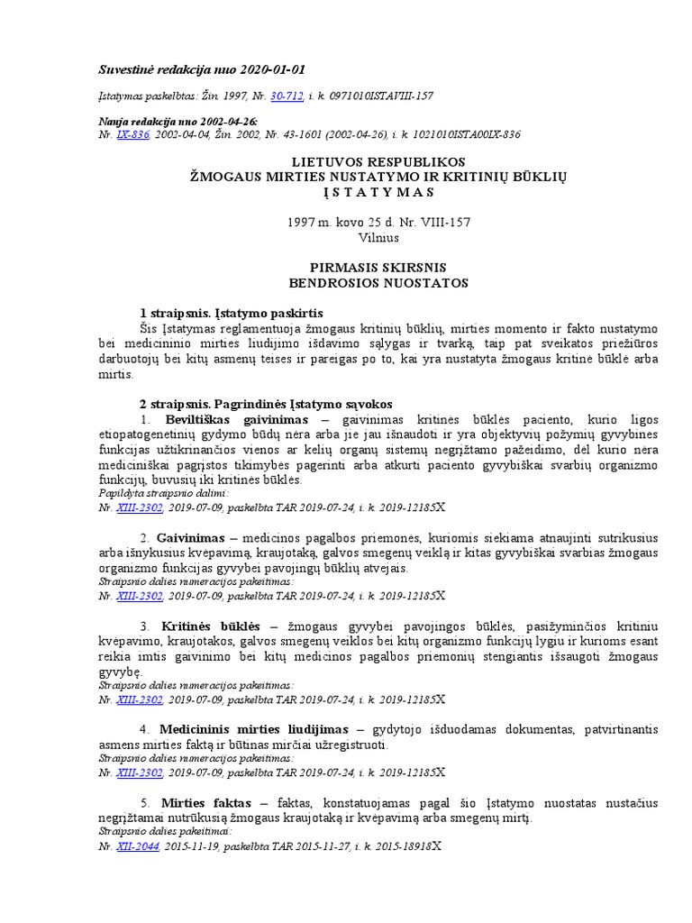 Žmogaus Mirties Nustatymo Ir Kritinių Būklių Įstatymas | PDF